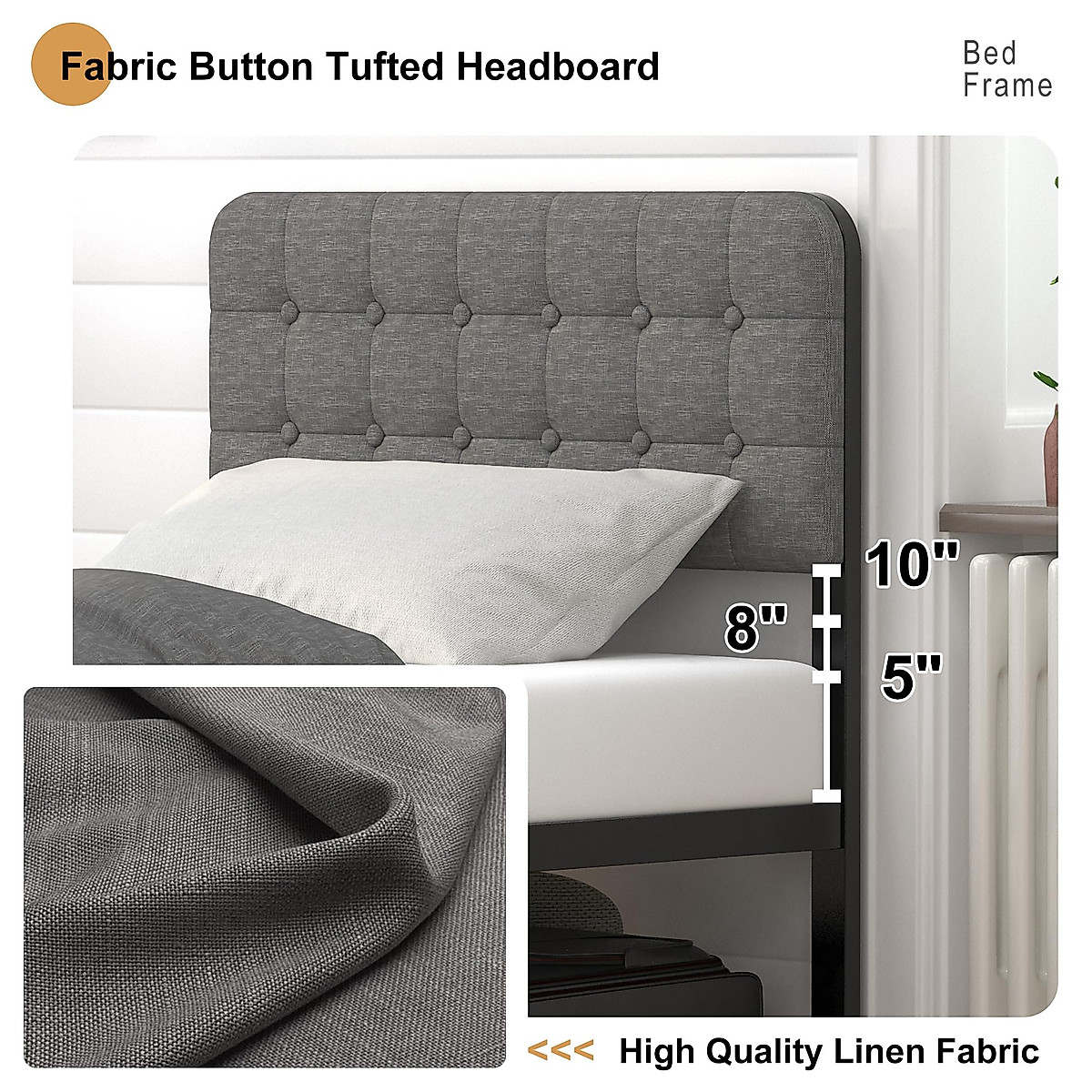 EMODA 16 Inch Twin Size Bed Frames with Upholstered Headboard and Metal Footboard, Heavy Duty Metal Slats Support Mattress Foundation, No Box Spring Needed, Easy Assembly