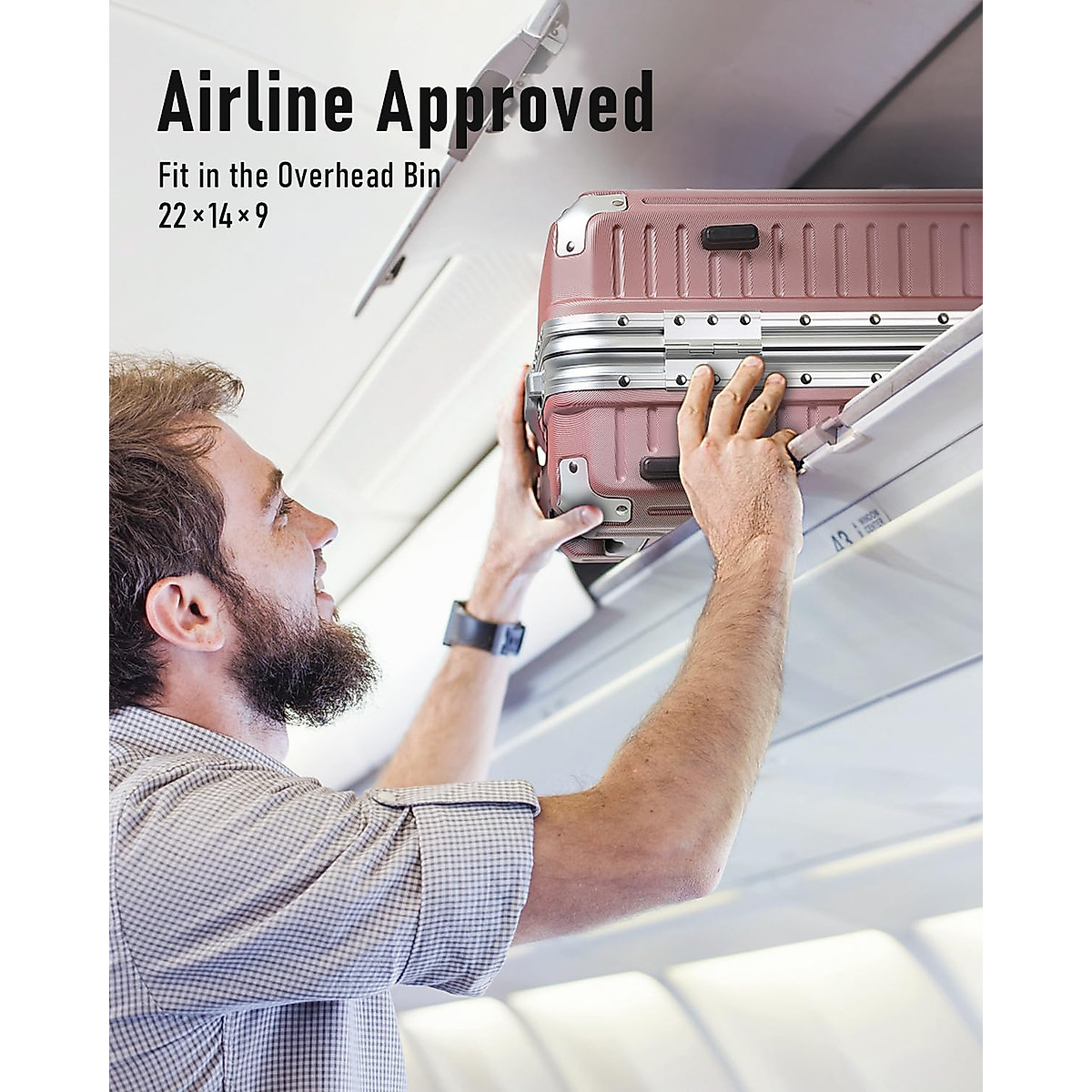 FIGESTIN Carry on Luggage Airline Approved, Aluminum Frame Hard Shell Suitcases with Wheels,100% PC Lightweight, No Zipper Suitcase TSA Approved, 20" Carry-On(Rose Gold)