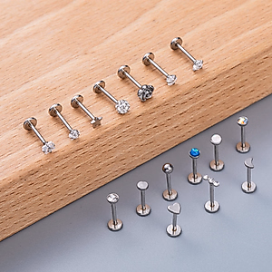 LOAYHOAY 16PCS 16-18G Stainless Steel Threadless Push in Nose Stud Ring for Women Men Lip Ring CZ Flower Heart Cartilage Helix Earring Piercing Set (18 Gauge 6mm)