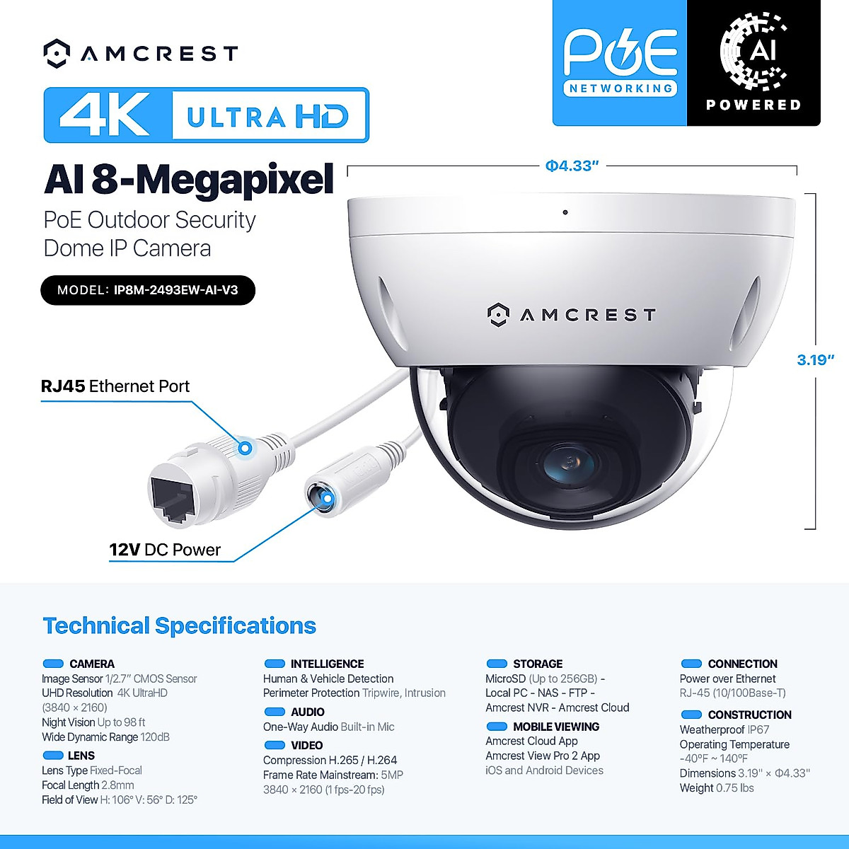 Amcrest UltraHD 4K (8MP) Outdoor Security POE IP Camera, 3840x2160, 98ft NightVision, 2.8mm Lens, IP67 Weatherproof, IK10 Vandal Resistant Dome, MicroSD Recording, White (IP8M-2493EW)