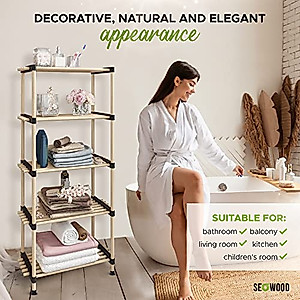 Saponay Wood Storage Shelves Organizer - Easy to Install Bathroom Standing Shelf Lightweight, Screw Free! 2 3 & 5 Tiered | Adjustable Units Free Premium Pine Shelving Unit, 11Dx22Wx47H