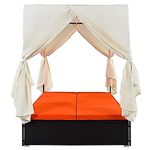 LUMISOL Outdoor Patio Wicker Daybed Sunbed with Retractable Canopy Sun Lounger with Curtains Garden Furniture (Orange)