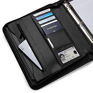 Forevermore Portfolios Padfolio Binder - Professional Faux Leather Travel Organizer Pouch for Tablet, Documents, Presentation Folders, Zipper Closure, Removable 3-Ring Notepad - Black