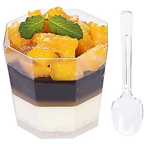 Foraineam 100 Pack 5.4 oz. Clear Plastic Dessert Cups with 100 Spoons Disposable Reusable Appetizer Cups Serving Bowl for Parties, Weddings and More