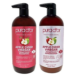 PURA D'OR Apple Cider Vinegar Thin2Thick Set Shampoo Conditioner for Regrowth, Hair Loss, Clarifying, Detox (2x 24oz) Biotin, Keratin, Caffeine, Castor Oil, All Hair Types, Men/Women, Packaging varies