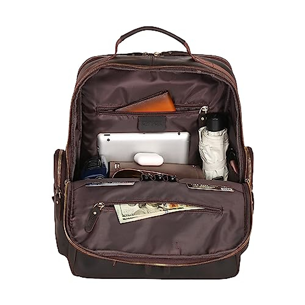 ZHYOL Mens Full Grain Genuine Leather 17.3" Laptop Backpack with USB Charging Port Multi Pockets Business Weekender Hiking Shoulder Daypacks Travel Laptop Bag for Men