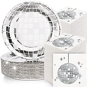 200 Pcs 70s Disco Party Supplies Includes Disco Ball Paper Plates and Disco Cocktail Napkins Silver Disco Paper Plates Disco Napkins for 80s 90s Disco Bachelorette Birthday Party Picnic (White)