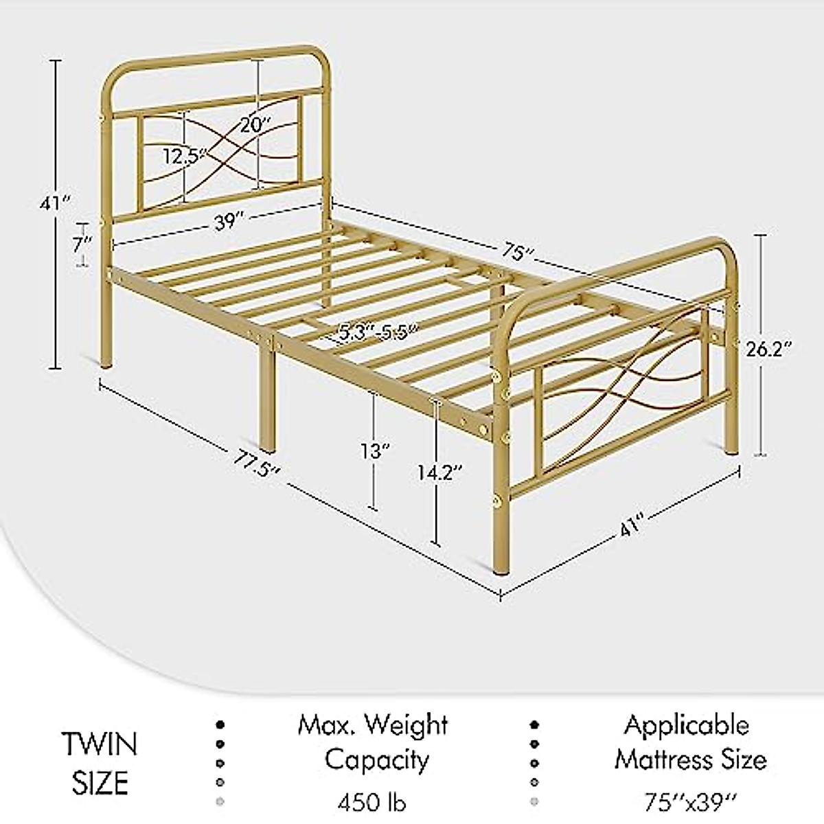 Topeakmart Twin Bed Frames Metal Bed with Vintage Style/Criss-Cross Design Headboard/Mattress Foundation/No Box Spring Needed/Under Bed Storage/Strong Slat Support Antique Gold Twin Bed