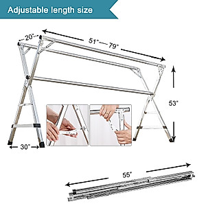 GUNQIUBA Clothes Drying Racks, Heavy Duty Stainless Steel Clothes Standing Drying Pole with 20 Windproof Hooks for The Balcony Indoor or Outdoor, Length Adjustable and Foldable (79 inch)