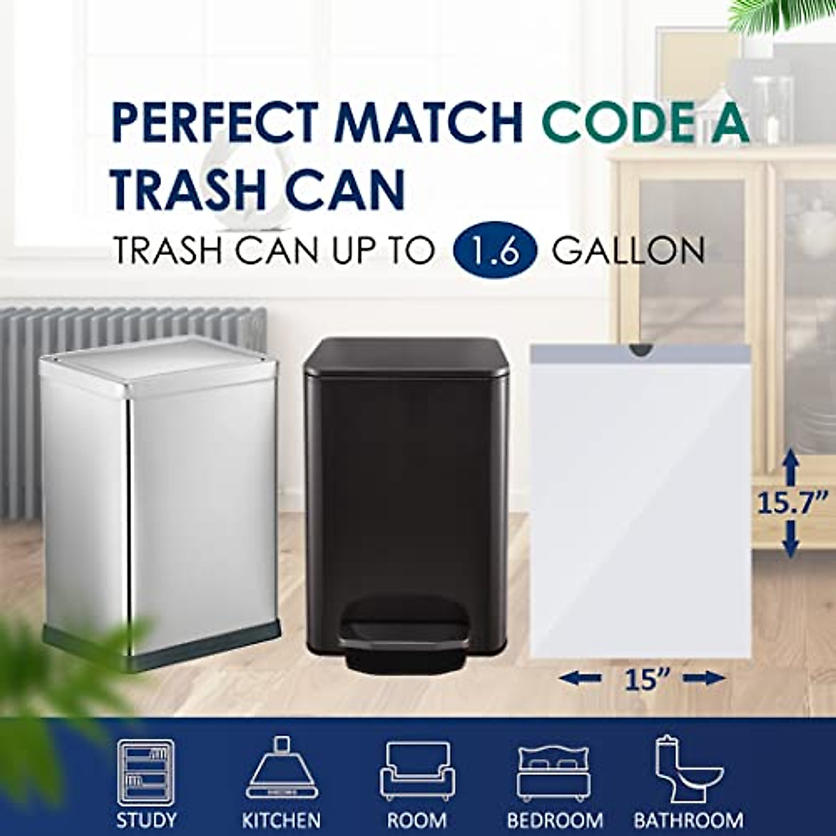 1.6 Gallon / 6 Liter Code B Drawstring 240 Counts Strong Trash Bags Garbage Bags by RayPard, Small Trash Bin Liners for Home Office Kitchen Bathroom Bedroom (White, 1.6 Gallon-Drawstring)