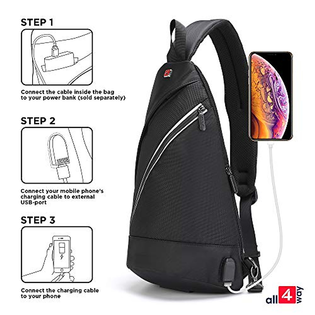 all4way Sling Backpack Tablet - Swiss Design with fast USB Charging - RFID Anti Theft Travel Biking Bag (10.2, Black)