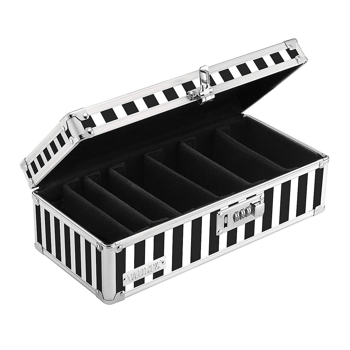 Vaultz Locking Medicine Storage Box with Combination Lock, 3.75" x 11.88" x 5.25", Black & White Stripe (VZ00345)