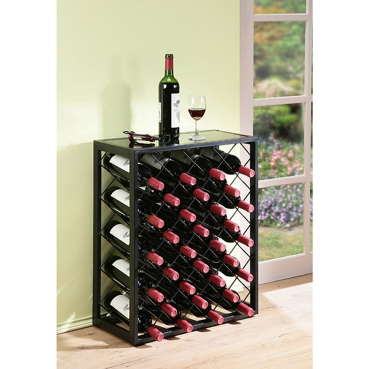 Mango Steam 32 Bottle Wine Rack with Glass Table Top Free Standing, Black