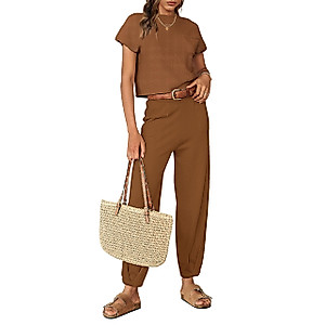 MEROKEETY Women Two Piece Outfits Sweater Sets Knit Pullover Tops High Waist Pants Lounge Set Tracksuit, Pecan, Small