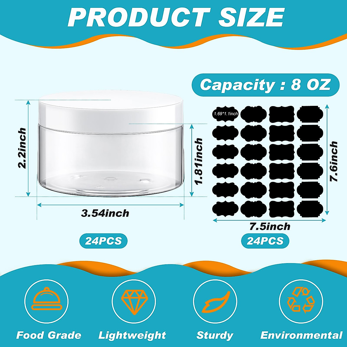 Dandat 24 Pcs Plastic Jars with Lid and Label PET Cosmetic Containers Leak Proof Empty Cosmetic Jars Refillable Storage Travel Containers for Lotion Cream Gel Powder(8 oz,Clear with White Lid)