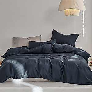 TOSMO 100% Linen Duvet Cover Set, French Flax Natural Linen Bedding 3pcs Set 1 Duvet Cover and 2 Pillowcases(Blue Grey, Queen)