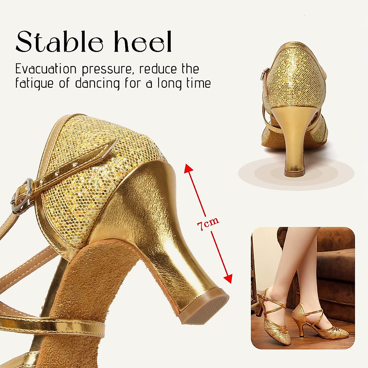 HIPPOSEUS Women's Latin Dance Shoes Gold Closed Toe Sparkle Heel 3" Ballroom Salsa Tango Dance Performance Shoes,Model 053,8.5 B(M) US