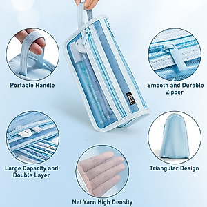 Four Candies Grid Mesh Pencil Case with Handle and Zipper, Clear Double-layer Pencil Pouch Marker Pouch, Travel Makeup Bag, Cute Transparent Stationary Organizer Pen Bag for Adult Office College