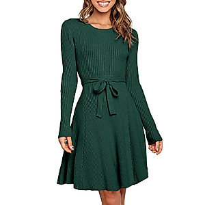 ANRABESS Women Long Sleeve Fall Dresses 2024 Crewneck Tie Waist A-Line Swing Casual Ribbed Knit Cute Short Sweater Dress Green Large