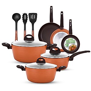 NutriChef Professional 12-Piece Brown Nonstick Cookware - PFOA/PFOS-Free, Heat Resistant Lacquer, Elegant Design, Multi-Sized Pots and Pans