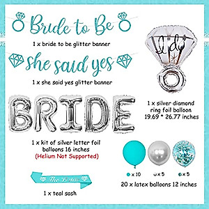 Teal Bachelorette Party Decorations Kit, Bridal Shower Decorations Teal for Girls with Bride Letter Balloons, She Said Yes Glitter Banner, The Bride Sash and Silver Diamond Ring Foil Balloon