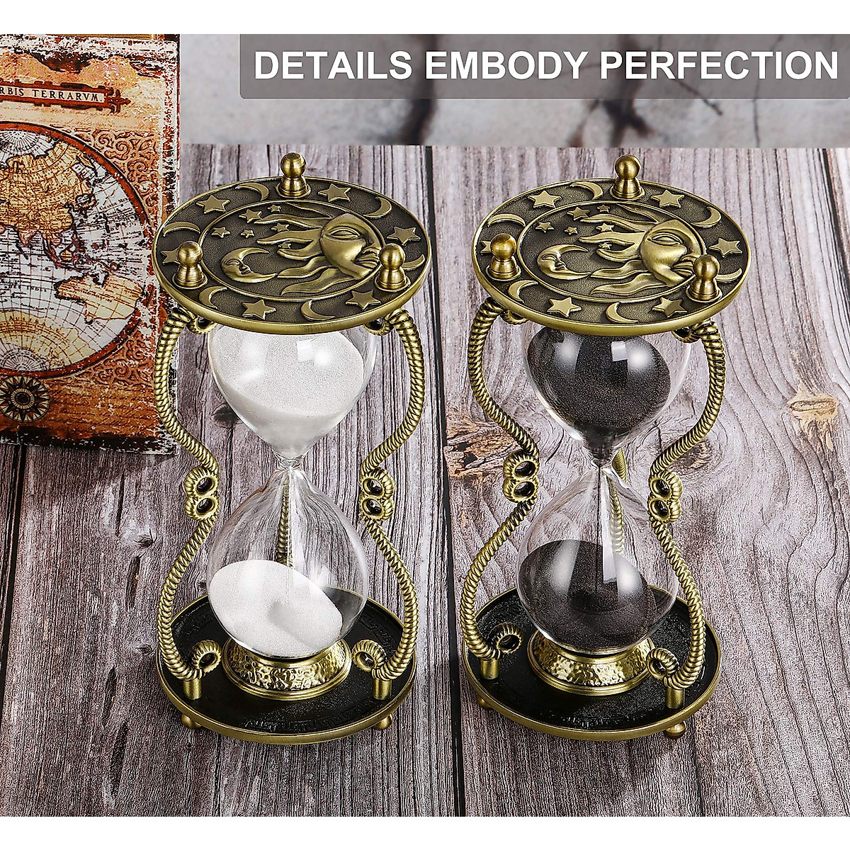 SuLiao Hourglass Sand Timer 60 Minute:Sun & Moon Engraving Brass Sand Clock, Metal Black Sand Watch 60 Min,Antique Reloj De Arena 1 Hora,Large 1 Hour Glass Sandglass for Gift Office Desk Decorative