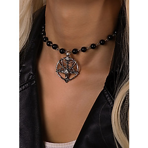 Sacina Goth Baphomet Choker Necklace, Black Bead Pentagram Skull Choker Necklace, Goth Halloween Jewelry Gift for Women, Men