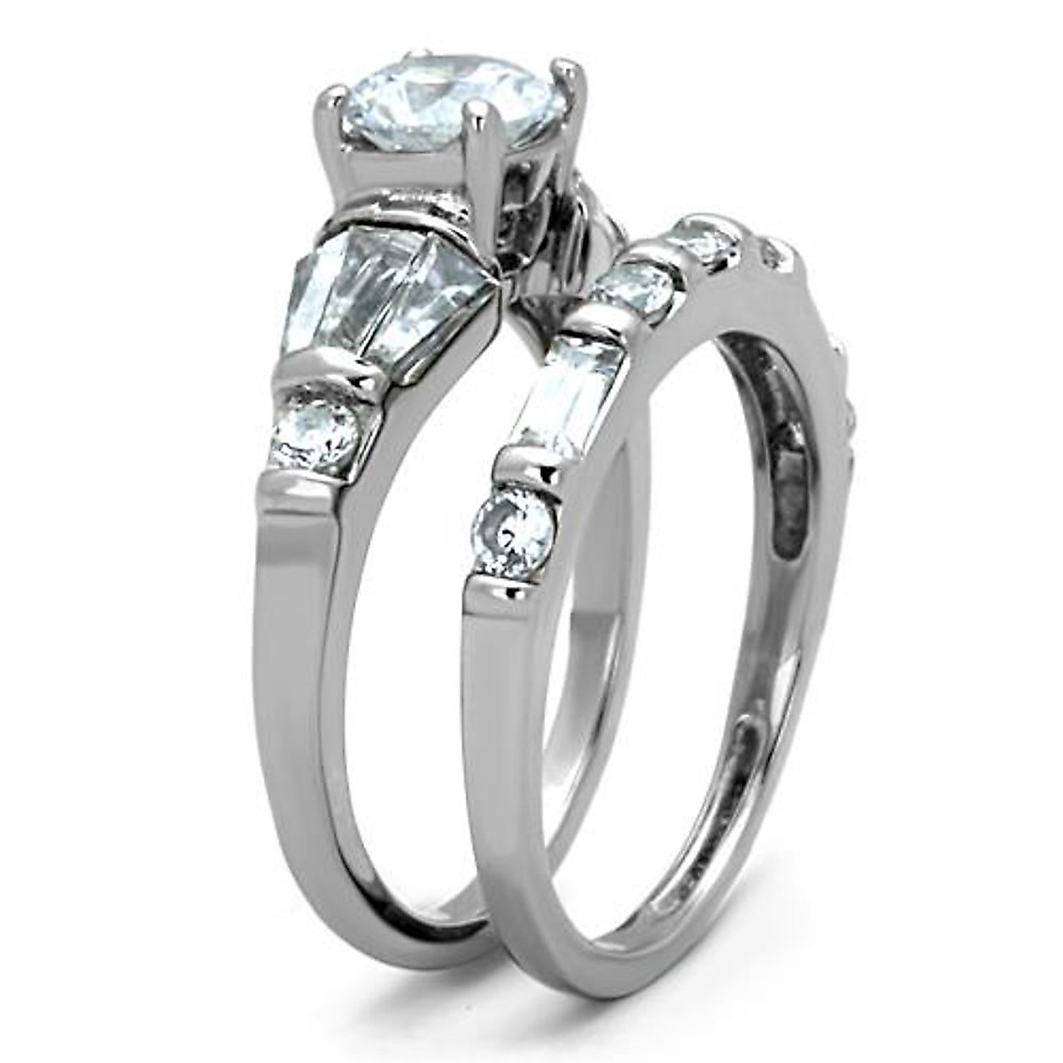 Marimor Jewelry 2.50 Carat Round Cubic Zirconia Stainless Steel Engagement Wedding Ring Set Size 8