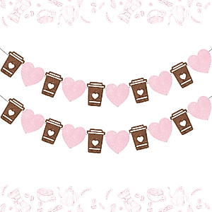 Coffee Bar Banner Pink, Glitter Coffee Cup and Heart Garland, Latte Banner for Birthday Bachelorette Engagement Wedding Baby Shower Party, Coffee Bar Wall Table Decorations