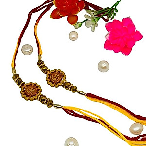 TheNext7 Set of 2 OM Rakhi for Brother Bhaiya Bhabhi Traditional, Flower Om Pendant with Golden Beads and Rings Rakhi Thread