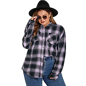 LALAGEN Plus Size Flannel Shirts for Women 2025 Oversized Boyfriend Plaid Shirt Casual Long Sleeve Button Down Tops Blouse Purple XXXL