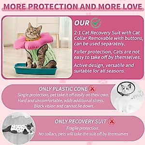 EMUST 2PCS Cat Recovery Suit and Cat Cone Collar Female, Cute Cat Surgical Suit for Abdominal Wounds or Skin Diseases, Adjustable Flower Neck Cat Cone Collar Soft for Cats 4-8lb(Green, M)