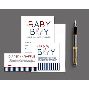 Paper Clever Party Baseball Baby Shower Invitation Bundle with Blank Invites with Envelopes for Boys Diaper Raffle Insert Bring a Book Cards Set (25 of each) Sports Theme Red and Blue Gender Reveal
