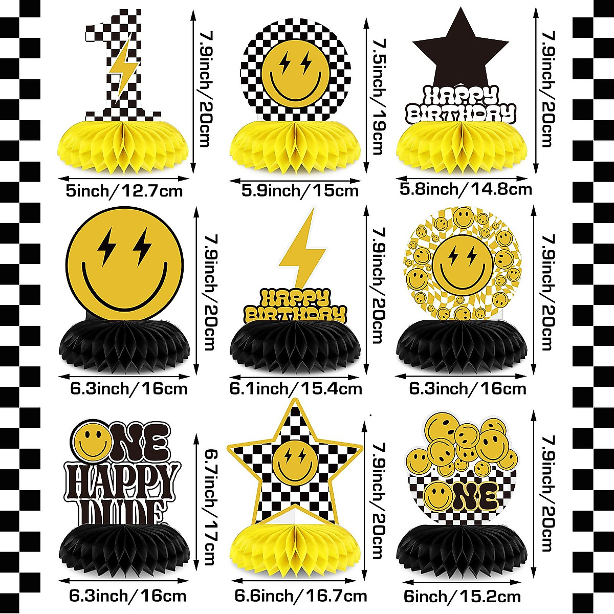 Outus 9 Pcs One Happy Dude Honeycomb Centerpiece One Happy Dude 1st Birthday Party Decoration Set Smile Face Table Toppers Centerpieces Party Supplies for Wedding Baby Shower Birthday Party Home Decor