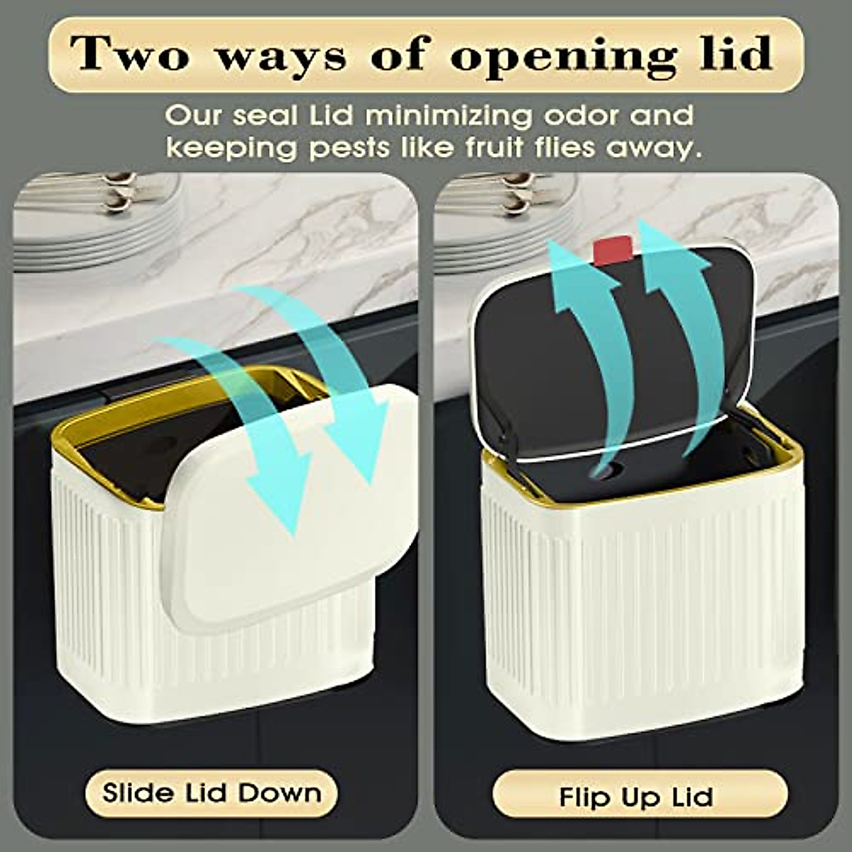 Kitchen Compost Bin Trash Can with Lid, Detachable Stainless Steel Small Trash Can Compost Bin Countertop, Wall-Mount Kitchen Trash Bin for Cabinet, Under Sink, Bathroom (1.05 Gallon, 4L Ivory White)