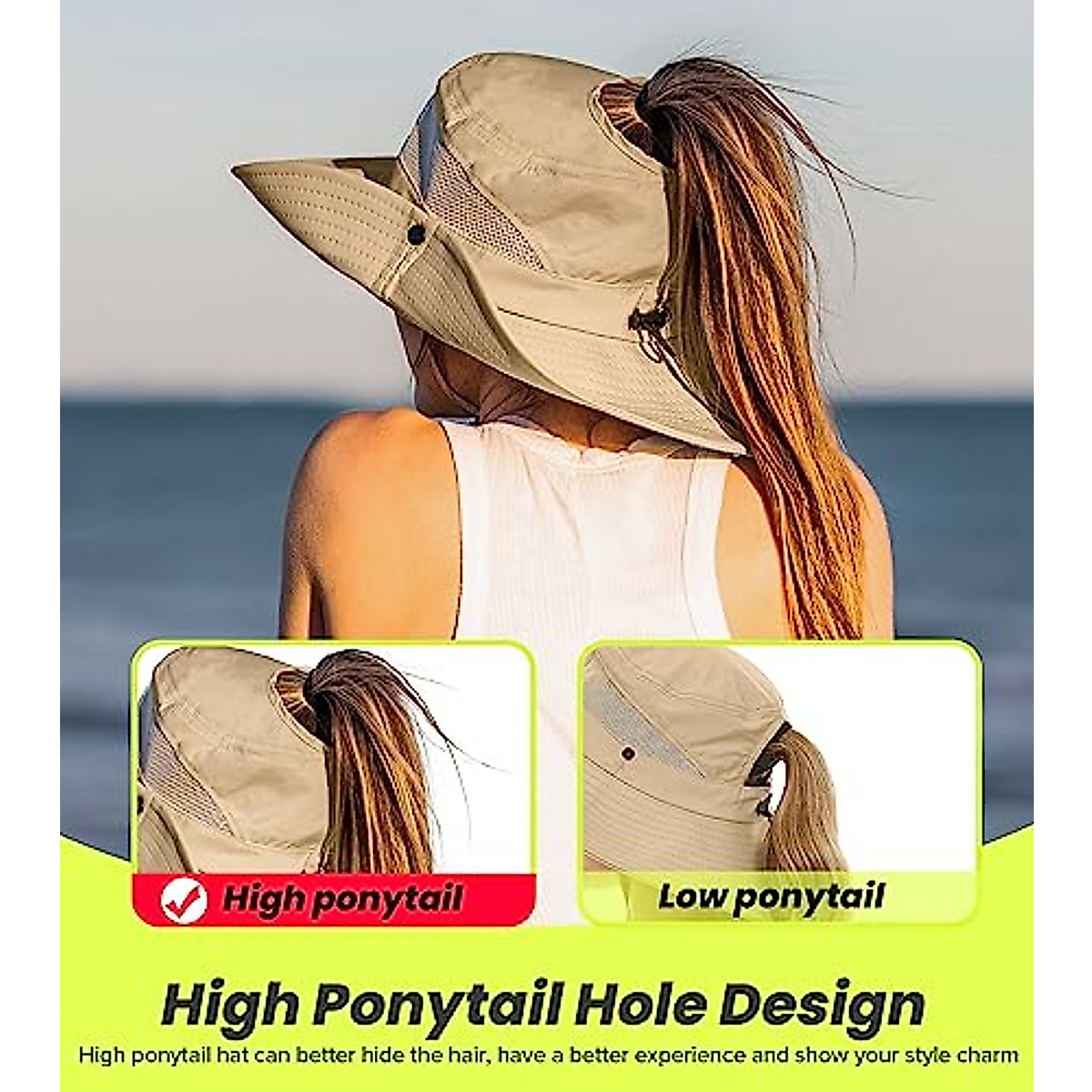 Sun Hat with High Ponytail Hole for Women, Womens UV Protection Wide Brim Foldable Waterproof Beach Bucket Safari Fishing Hat Khaki