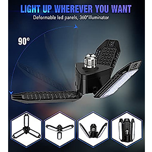 JZCreater LED Garage Lights 2 Pack 60W, Deformable Garage Light 3 Panels Adjustable Lights E26 8000LM LED Shop Light for Warehouse, Workshop, Basement, Attic