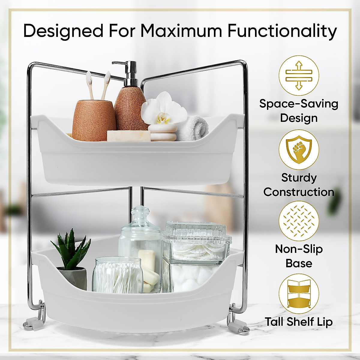 Davalos Quality Essentials Bathroom Organizers and Storage Countertop - 2 Tier Counter Corner Shelf, Skincare Organizer, Multi-Tier Bathroom and Kitchen Storage - White