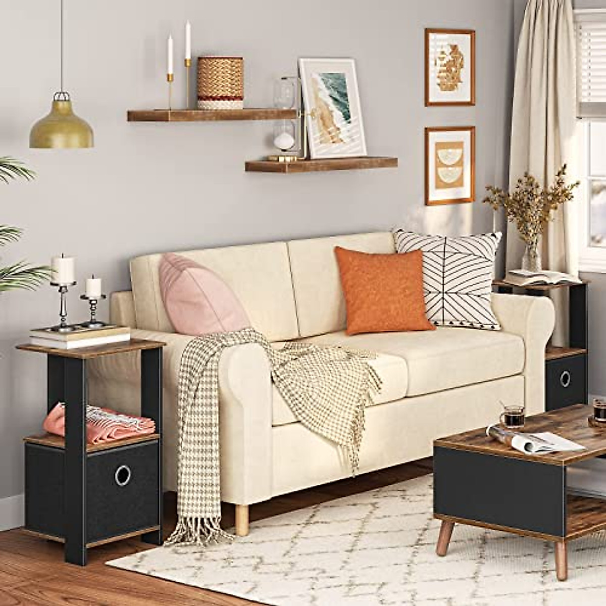 HOOBRO Bedside Table with Pull-Out Collapsible Storage Box, Retro Small Nightstand for Small Space, Living Room, Bedroom, Stable and Sturdy, Rustic Brown and Black BF35BZ01