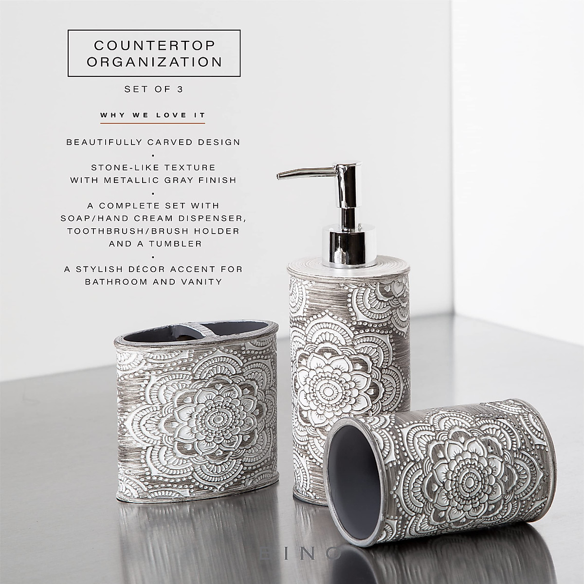 BINO Bathroom Accessories Set - Grey | Soap Dispenser | Toothbrush Holder | Tumbler | 3-Piece Bathroom Organizer Countertop Set | Bathroom Decor | Home Decor | Bathroom Set