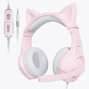 Pink Cat Ear Headphones Over Ear for Gaming PC, 3.5mm Wired Gaming Headset with Noise Cancelling Mic, Soft Memory Earmuffs Stereo Headset for PS4, PS5, Xbox, Laptop, Mac, Tablet, Smartphone