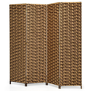 Giantex Room Divider, 6 Ft 4 Panel Handmade Rattan Room Divider, Wood Folding Screen Room Separating Divider, Freestanding Small Boho Room Dividers