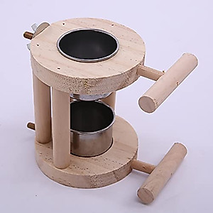 Bird Feeding Cups with Wooden Perch Stand, Bird Cage Stainless Steel Food Water Feeder with Wooden Platform for Parrot Macaw African Greys Budgies Parakeet Cockatiels Conure Lovebirds Finch Pigeon