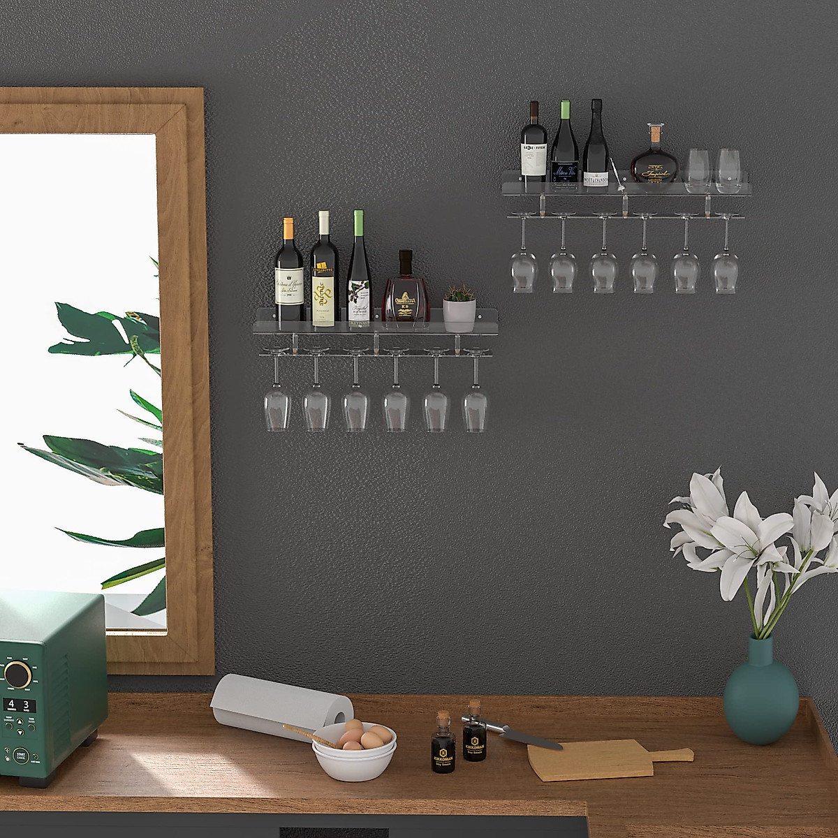 Hexsonhoma 24'' Clear Wine Glass Holder Wall Mounted 2 Pack, Acrylic Wall Bar Shelf with Removable Glasses Holder, Floating Bar Shelves for Wine Bottles, Liquor Bottles, Glasses