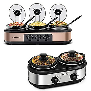 Slow Cooker, Dual and Triple Slow Cooker Buffet Server Multiple Pot Food Warmer, Slow Cooker Buffet Food Warmer Adjustable Temp Lid Rests Stainless Steel