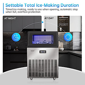 RESTISLAND Commercial Ice Maker Machine, 270 lbs/24 Hours, 48 lbs Storage Bin, Stainless Steel, Blue Light, Freestanding, Great for Home or Business, Includes Ice Scoop, Connecting Hose