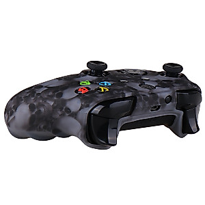 YoRHa Water Transfer Printing Skull Silicone Cover Skin Case for Microsoft Xbox One X & Xbox One S Controller x 1(Grey) with PRO Thumb Grips x 8