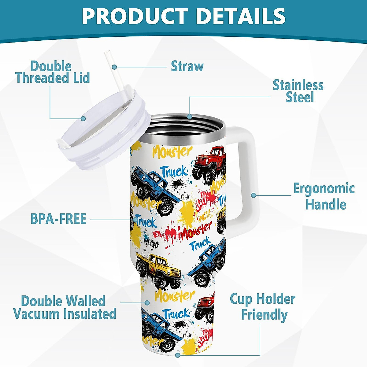 Emelivor Colorful Monster Trucks 30 oz Tumbler with Lid and Straw Insulated Tumblers with Handle Leak Proof Coffee Tumbler Mug Large Water Bottles for Hot or Ice Coffee Tea