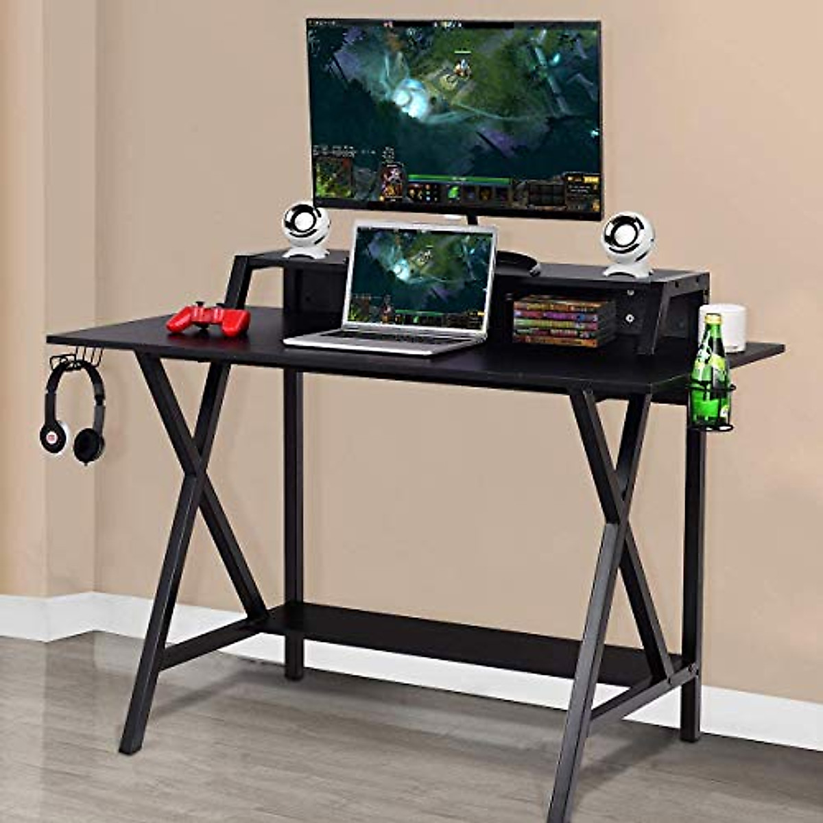 HAPPYGRILL Gaming Desk Home Computer Desk with Cup Holder & Headphone Hook, Professional Gaming Table Gamer Workstation with Built-in Wire-Management