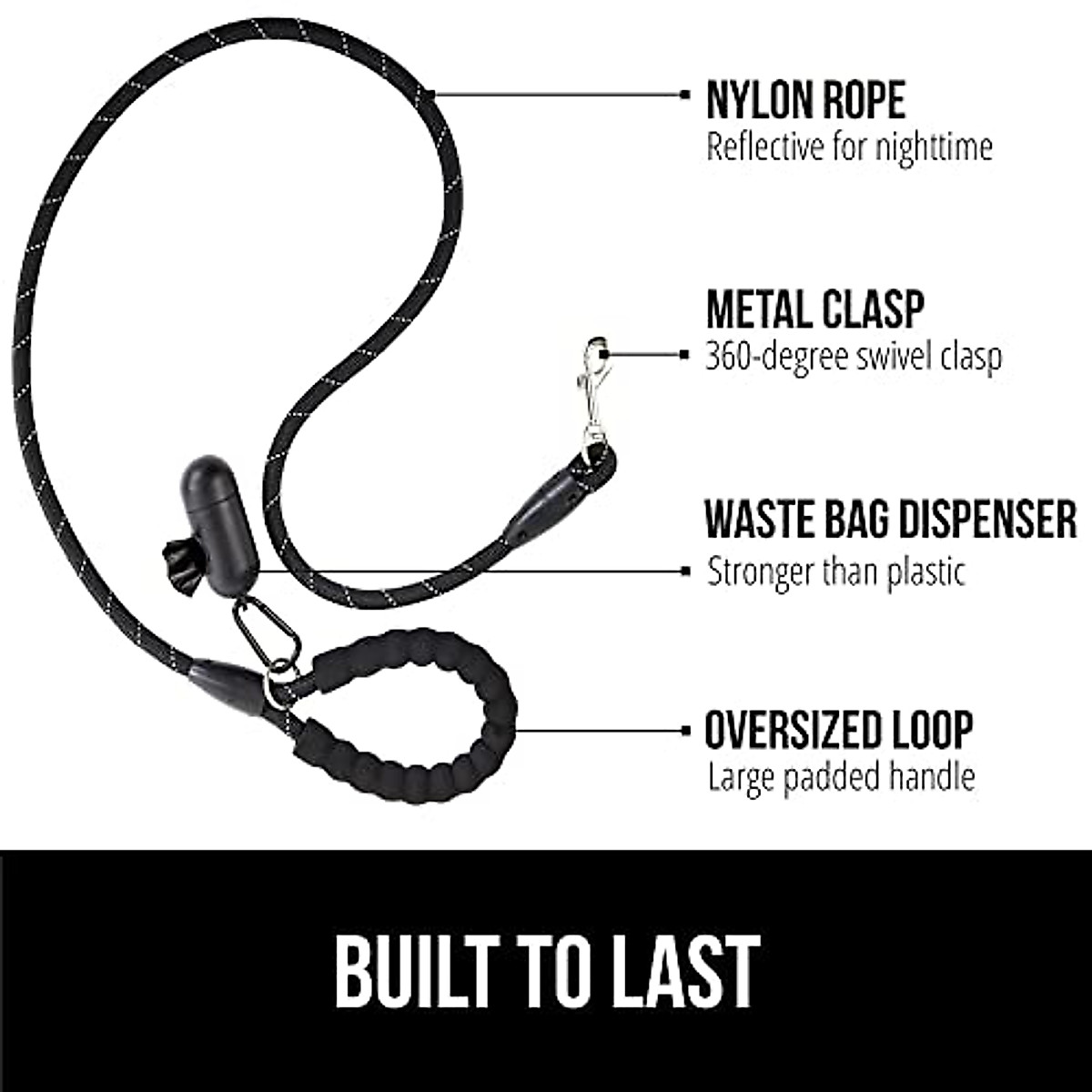 Gorilla Grip Heavy Duty Dog Leash, Soft Handle, Strong Reflective Rope for Night Walking, Small Medium Large Dogs, Durable Puppy Training Leashes, Rotating Metal Clip, Waste Bag Dispenser, Black